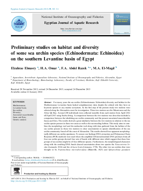 (PDF) Preliminary studies on habitat and diversity of some sea urchin ...
