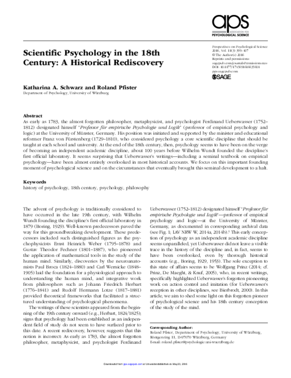 (PDF) Scientific Psychology in the 18th Century: A Historical Rediscovery