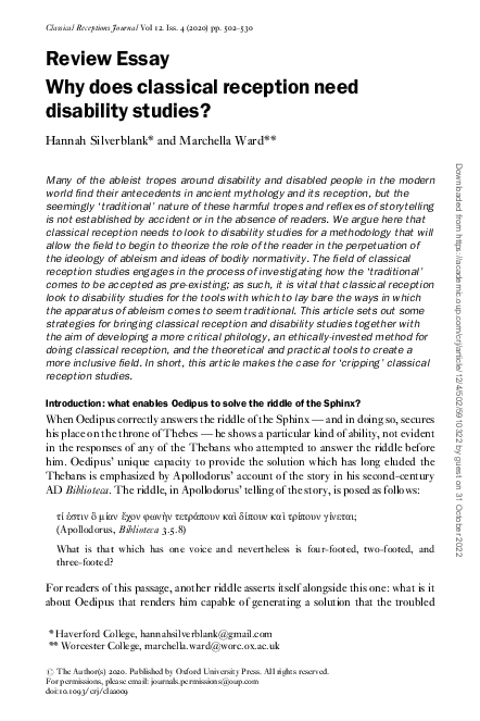 (PDF) Why does classical reception need disability studies?