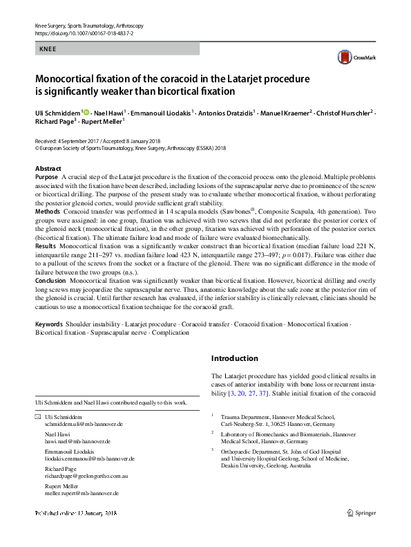 (PDF) Monocortical fixation of the coracoid in the Latarjet procedure ...
