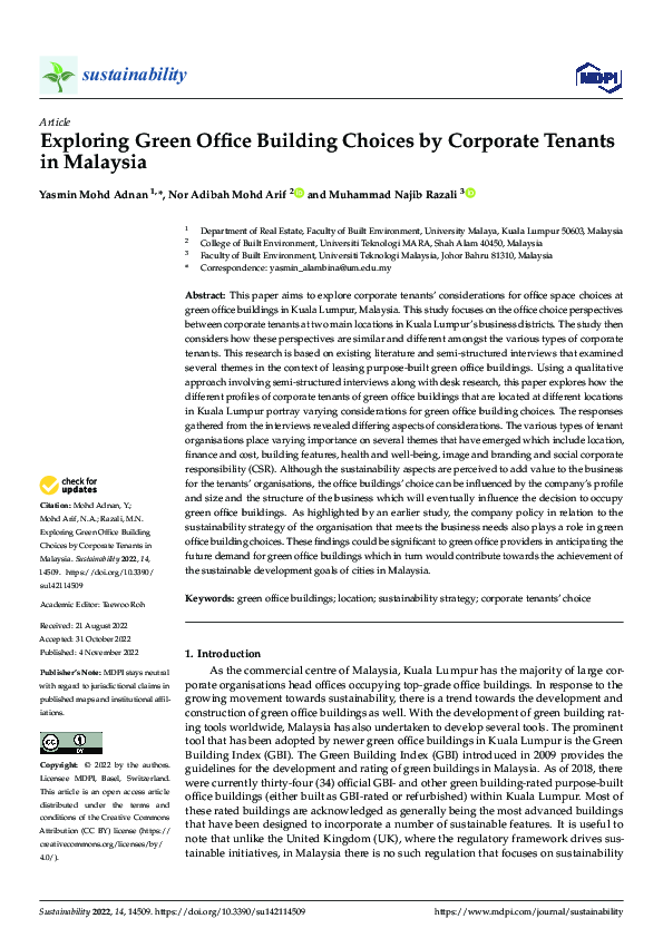 (PDF) Exploring Green Office Building Choices by Corporate Tenants in ...