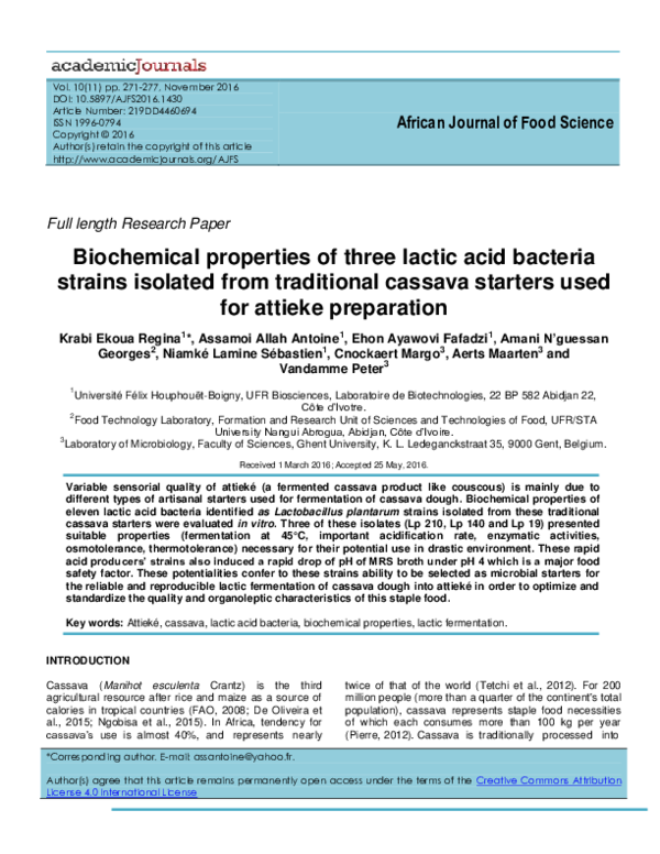(PDF) Biochemical properties of three lactic acid bacteria strains isolated from traditional ...