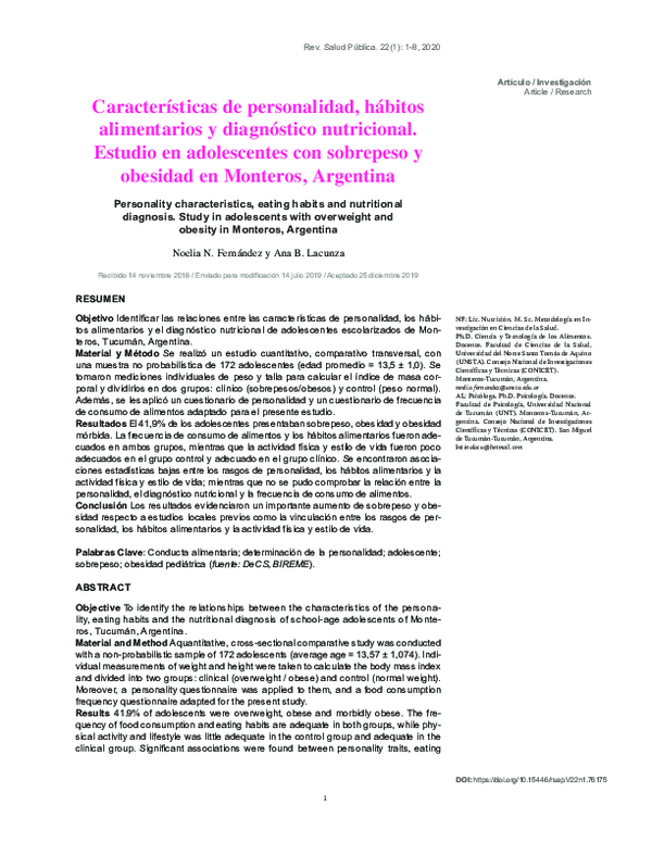 (PDF) Características de personalidad, hábitos alimentarios y diagnóstico nutricional. Estudio ...