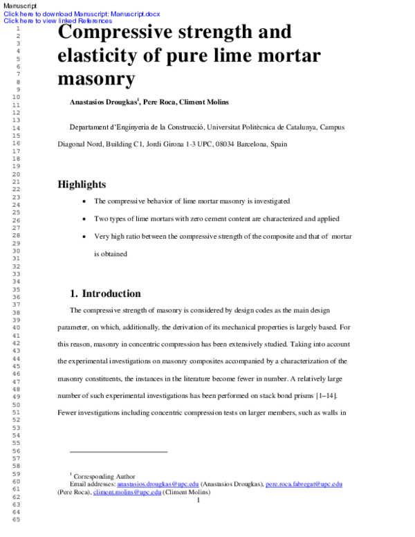 (PDF) Compressive strength and elasticity of pure lime mortar masonry
