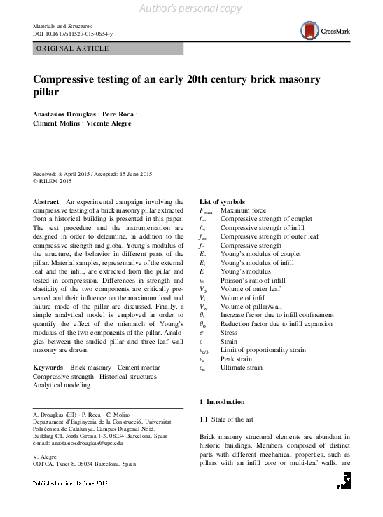 (PDF) Compressive testing of an early 20th century brick masonry pillar