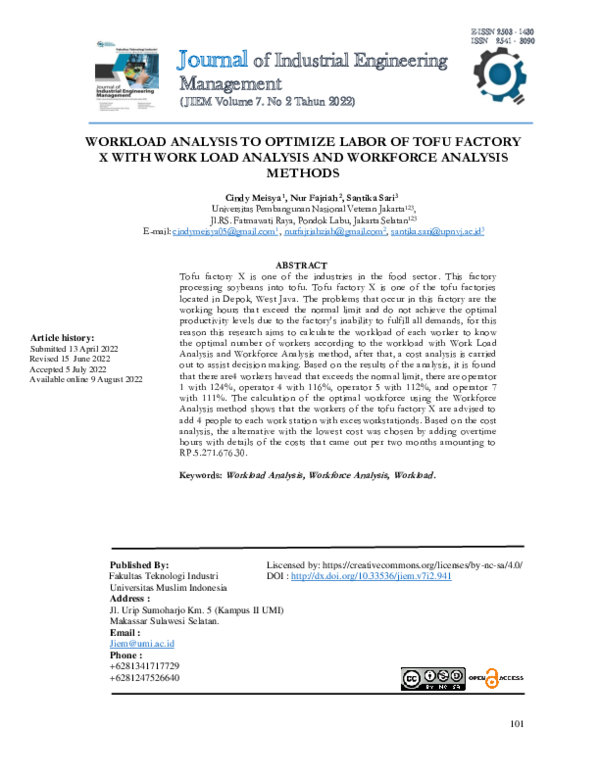 (PDF) Workload Analysis to Optimize Labor of Tofu Factory X with Work Load Analysis and ...