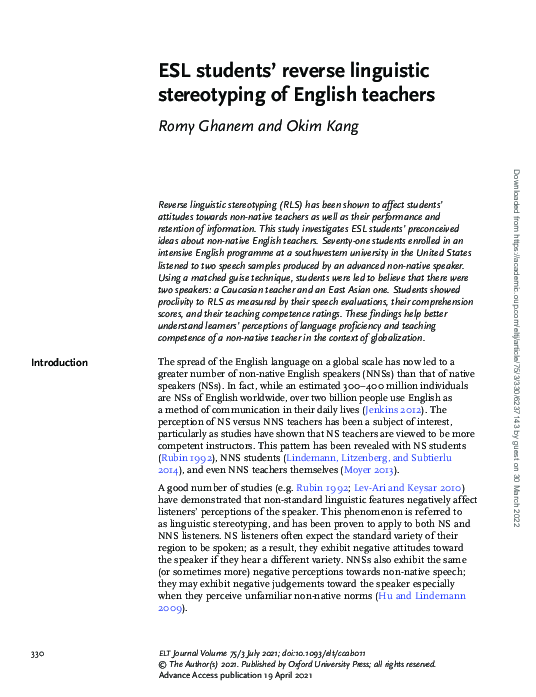 (PDF) ESL students’ reverse linguistic stereotyping of English teachers