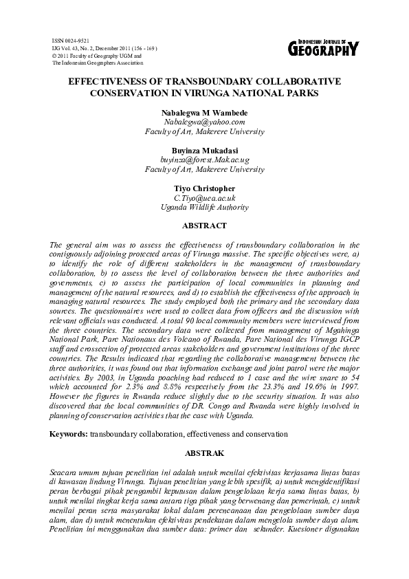 (PDF) Effectiveness of Transboundary Collaborative Conservation in Virunga National Parks