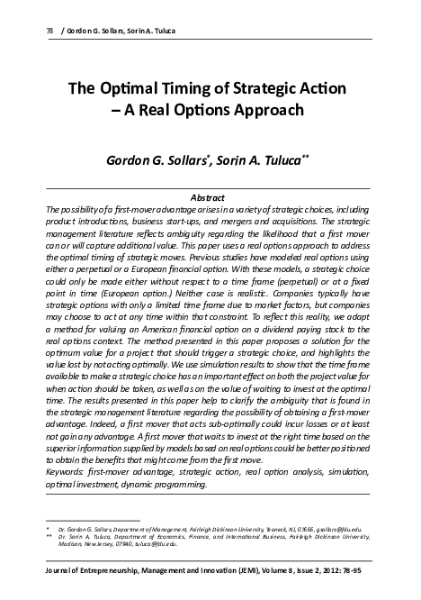 (PDF) The Optimal Timing of Strategic Action – A Real Options Approach