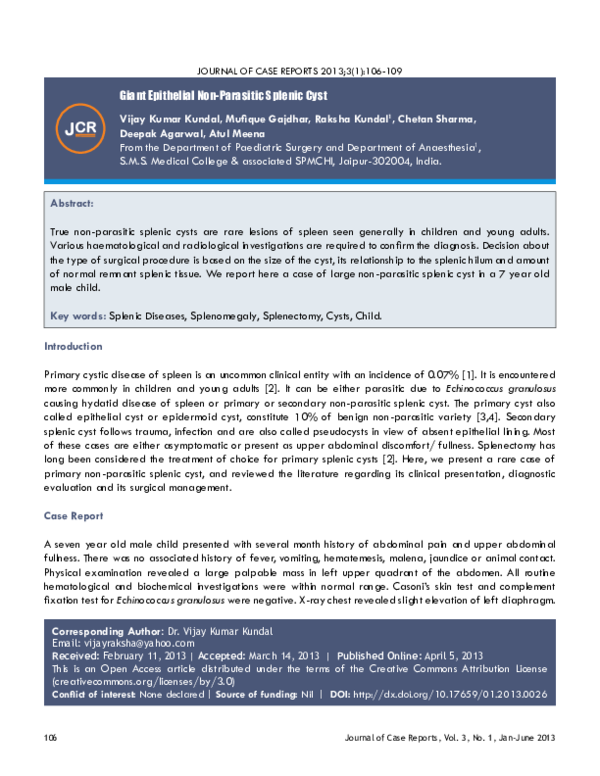 (PDF) Giant Epithelial Non-Parasitic Splenic Cyst