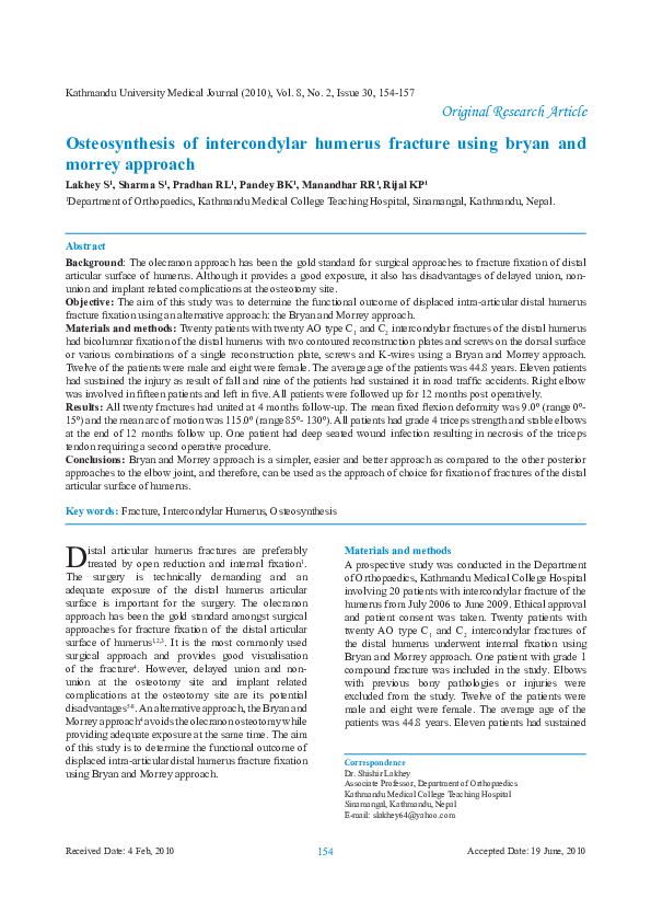 (PDF) Osteosynthesis of intercondylar humerus fracture using Bryan and ...
