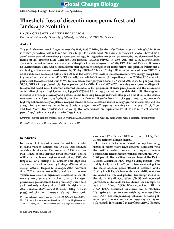 (PDF) Threshold loss of discontinuous permafrost and landscape evolution