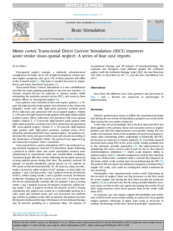 (PDF) Motor cortex Transcranial Direct Current Stimulation (tDCS) improves acute stroke visuo ...
