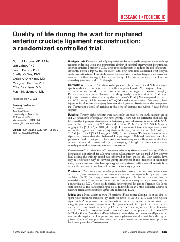 (PDF) Quality of life during the wait for ruptured anterior cruciate ...