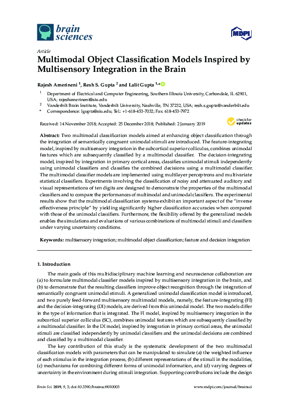 Pdf Multimodal Object Classification Models Inspired By Multisensory