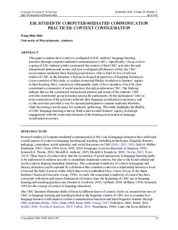 (PDF) ESL students' computer-mediated communication practices: Context ...