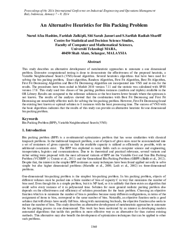 (PDF) An Alternative Heuristics for Bin Packing Problem