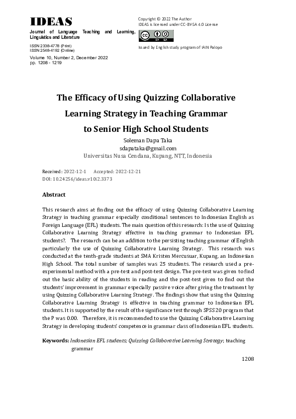 Pdf The Efficacy Of Using Quizzing Collaborative Learning Strategy In Teaching Grammar To