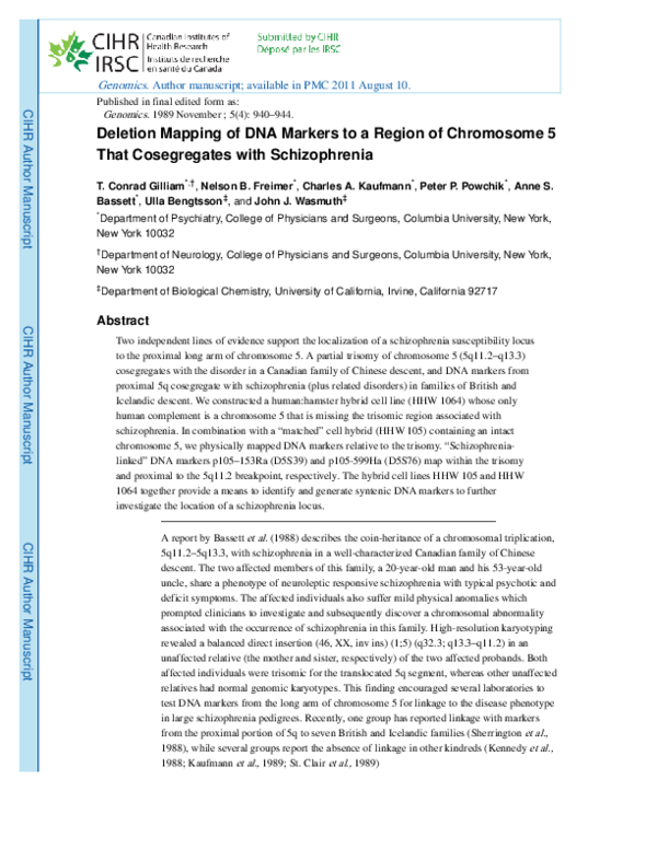 Pdf Deletion Mapping Of Dna Markers To A Region Of Chromosome 5 That