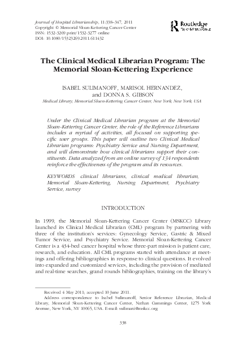 (PDF) The Clinical Medical Librarian Program: The Memorial Sloan ...
