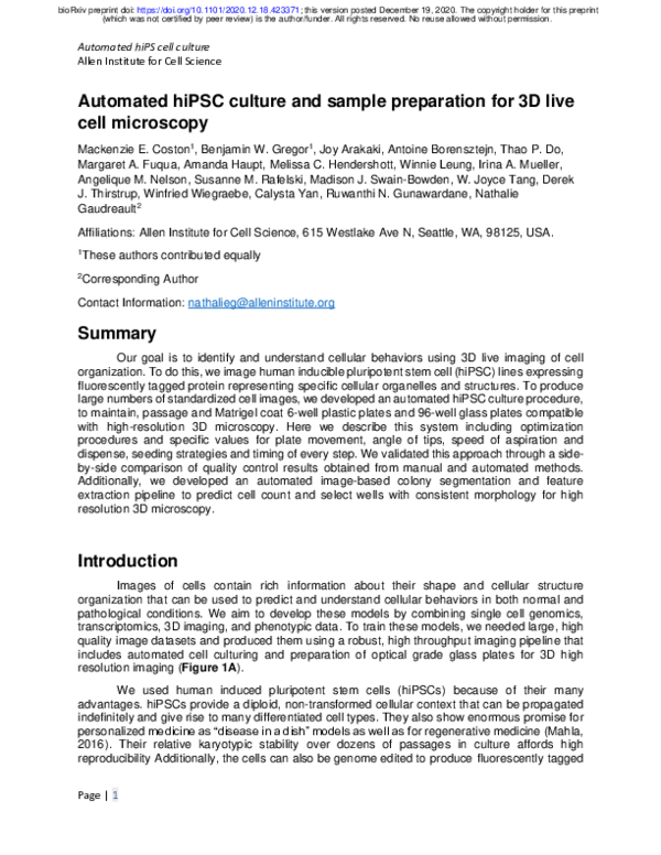 (PDF) Automated hiPSC culture and sample preparation for 3D live cell ...