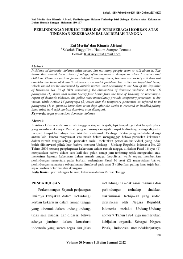 (PDF) Perlindungan Hukum Terhadap Istri Sebagai Korban Atas Tindakan Kekerasan Dalam Rumah Tangga