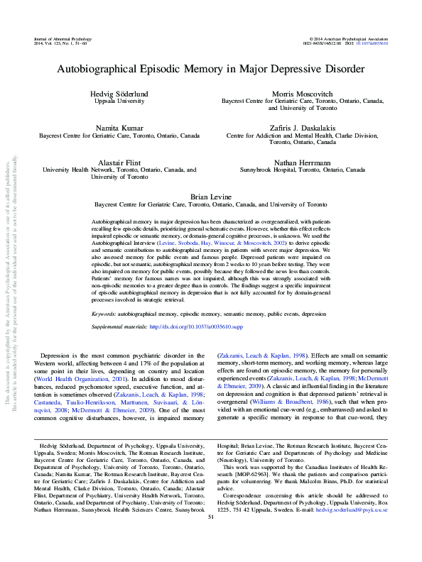 (PDF) Autobiographical episodic memory in major depressive disorder