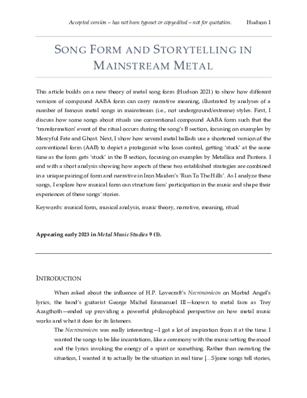 (PDF) Song Form and Storytelling in Mainstream Metal