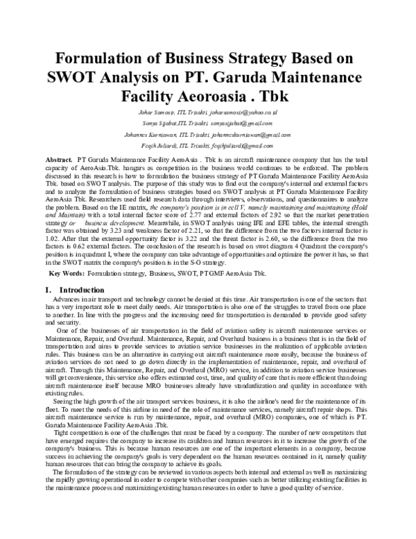 (DOC) Formulation of Business Strategy Based on SWOT Analysis on PT ...