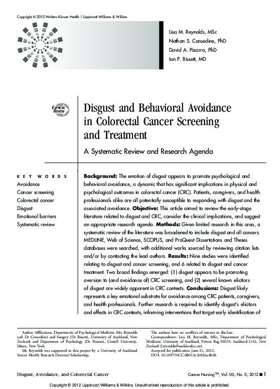 (PDF) Disgust and Behavioral Avoidance in Colorectal Cancer Screening ...