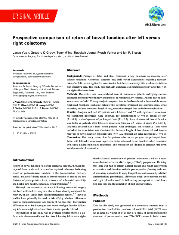 (PDF) Prospective comparison of return of bowel function after left versus right colectomy | Ian ...