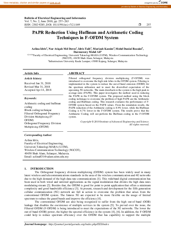 (PDF) PAPR Reduction Using Huffman and Arithmetic Coding Techniques in F-OFDM System | Idris ...