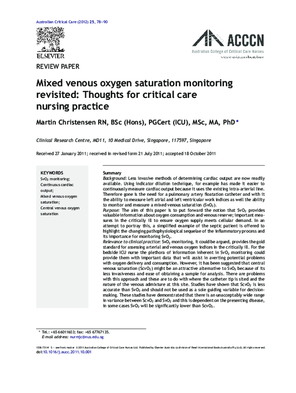 (PDF) Mixed venous oxygen saturation monitoring revisited: Thoughts for ...