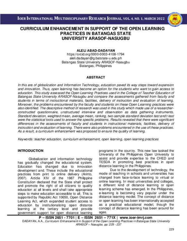 (PDF) Curriculum Enhancement in Support of the Open Learning Practices ...