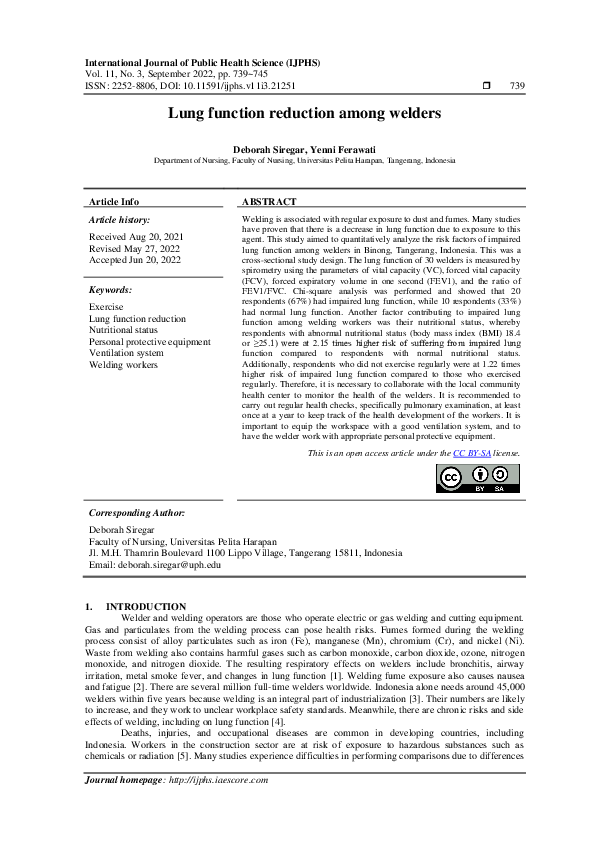 (PDF) Lung function reduction among welders