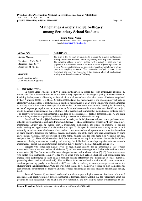 (PDF) Mathematics Anxiety and Self-efficacy among Secondary School Students