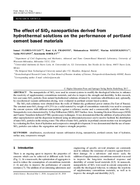 (PDF) The effect of SiO2 nanoparticles derived from hydrothermal solutions on the performance of ...