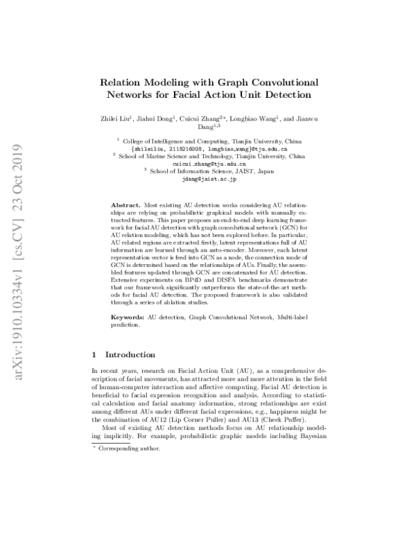 Pdf Relation Modeling With Graph Convolutional Networks For Facial Action Unit Detection