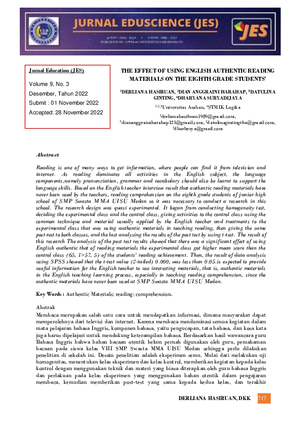 (PDF) The Effect of Using English Authentic Reading Materialson the Eighth Grade Students ...