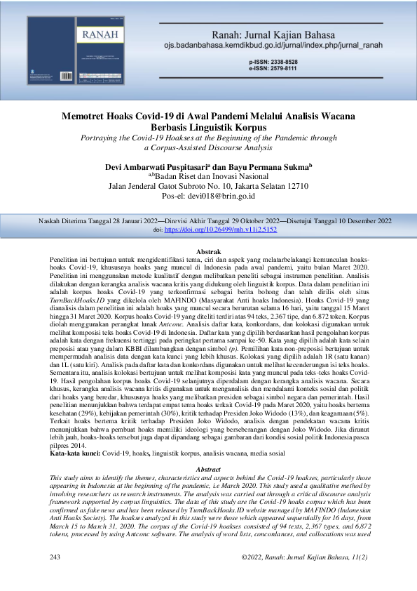(PDF) Memotret Hoaks Covid-19 di Awal Pandemi Melalui Analisis Wacana ...