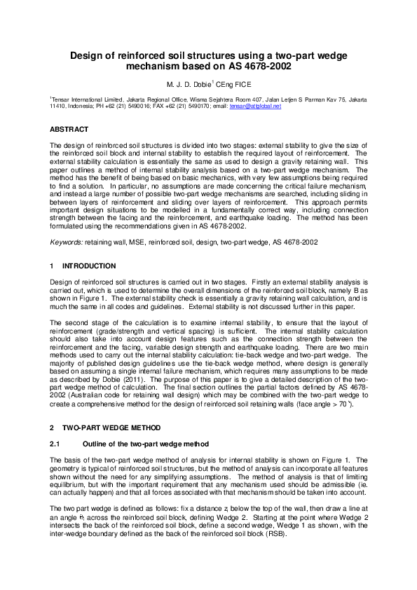 (PDF) Design of reinforced soil structures using a two-part wedge mechanism based on AS 4678-2002