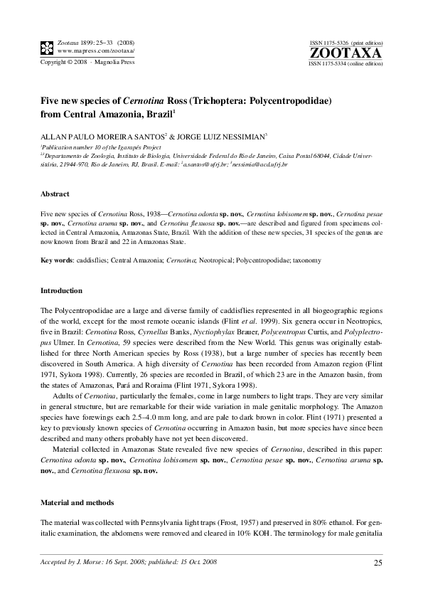 (PDF) Five new species of Cernotina Ross (Trichoptera ...