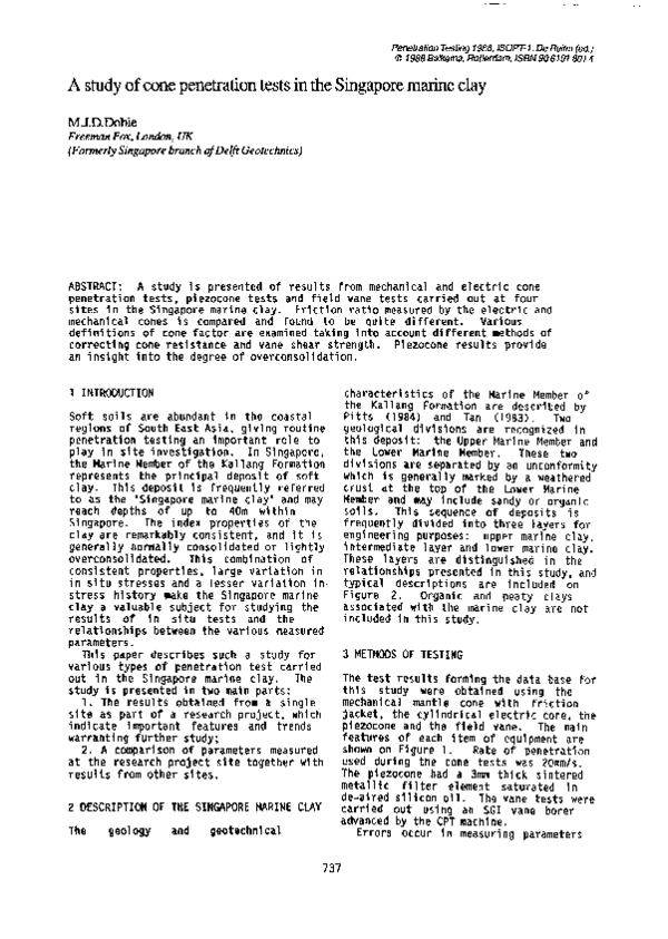 (PDF) A study of cone penetration tests in the Singapore marine clay