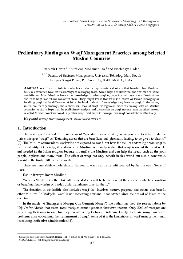 (PDF) Preliminary Findings on Waqf Management Practices among Selected Muslim Countries