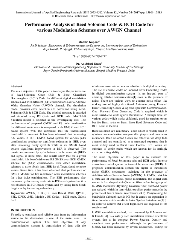 (PDF) Performance Analysis of Reed Solomon Code & BCH Code for various Modulation Schemes over ...
