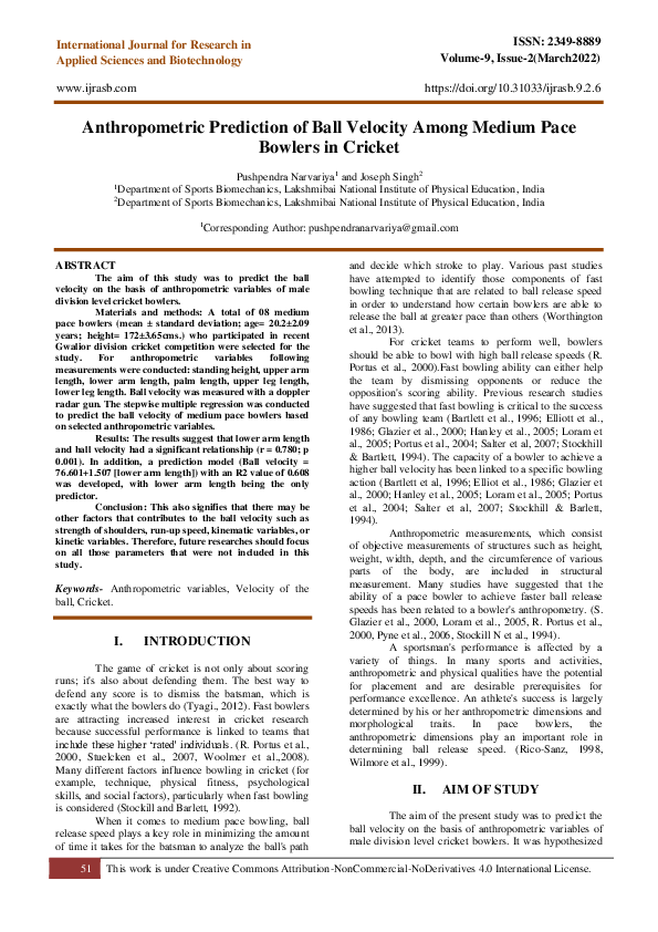 (PDF) Anthropometric Prediction of Ball Velocity Among Medium Pace ...