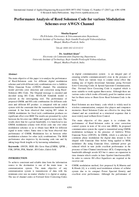 (PDF) Performance Analysis of Reed Solomon Code for various Modulation Schemes over AWGN Channel