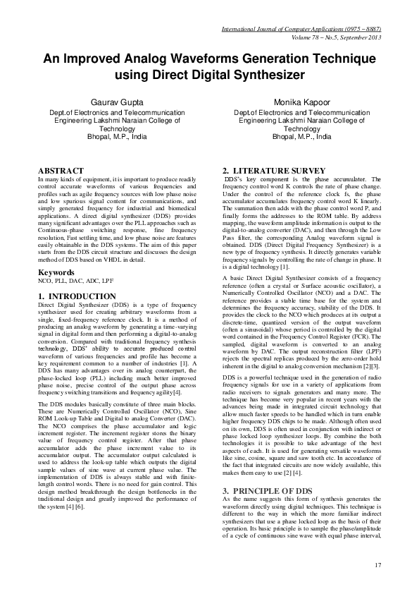 Pdf An Improved Analog Waveforms Generation Technique Using Direct Digital Synthesizer