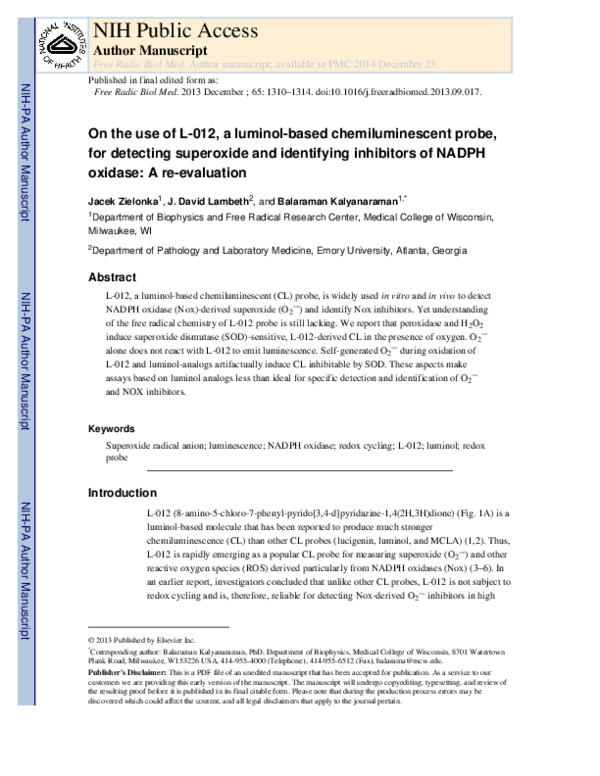 (PDF) On the use of L-012, a luminol-based chemiluminescent probe, for ...