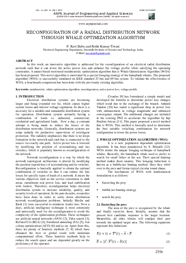 Pdf Reconfiguration Of A Radial Distribution Network Through Whale Optimization Algorithm